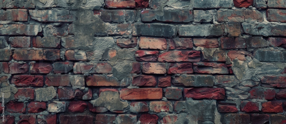 A weathered brick wall with a clock hanging on it, showcasing a shabby ...