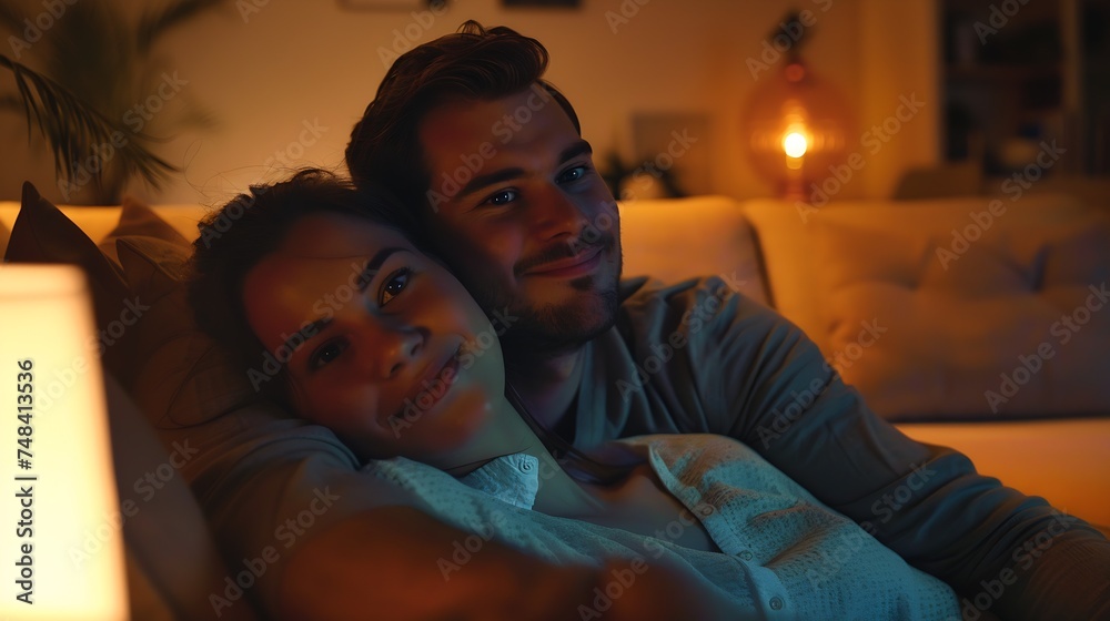 Family portrait of happy millennial husband and wife sit on couch hug ...