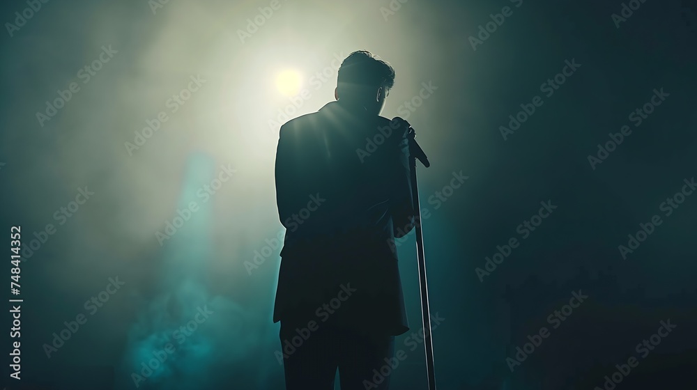 Motivational speaker with microphone performing on stage back view ...