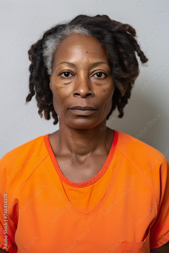 Prison mugshot of middle aged black woman in orange jumpsuit Stock ...