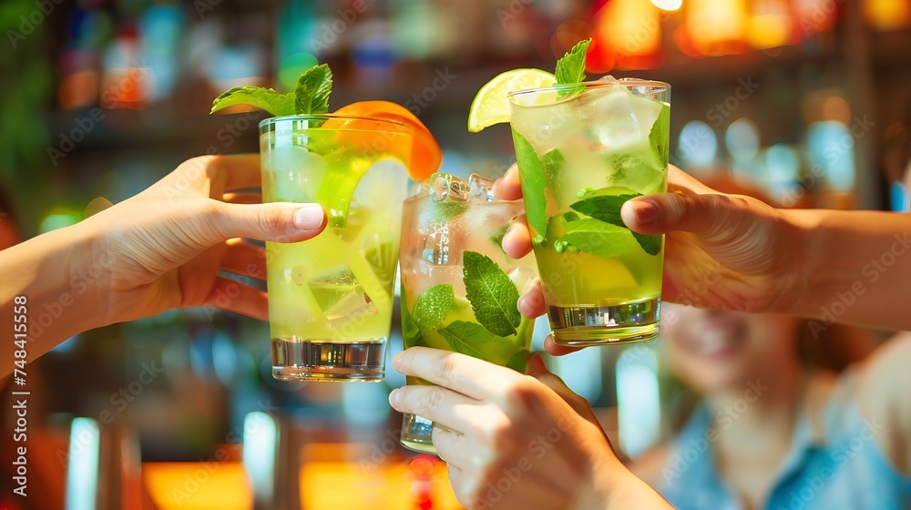 Multiracial friends cheering mojitos at bar restaurant Young people ...