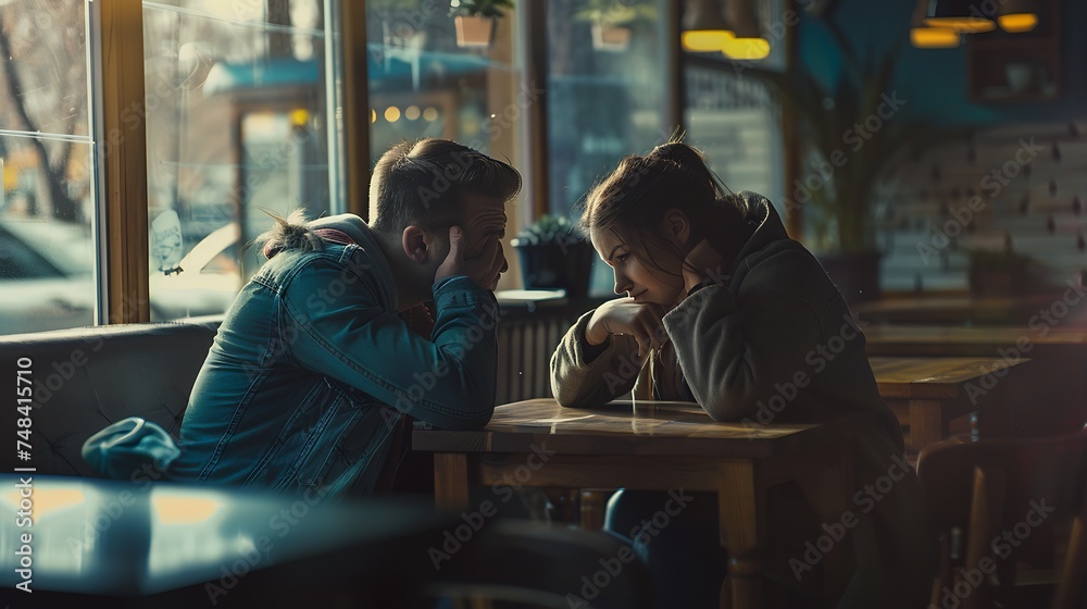 Male comforting to a sad depressed female who needs help in a coffee ...