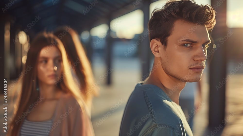 Disloyal man walking with his girlfriend and looking amazed at another ...