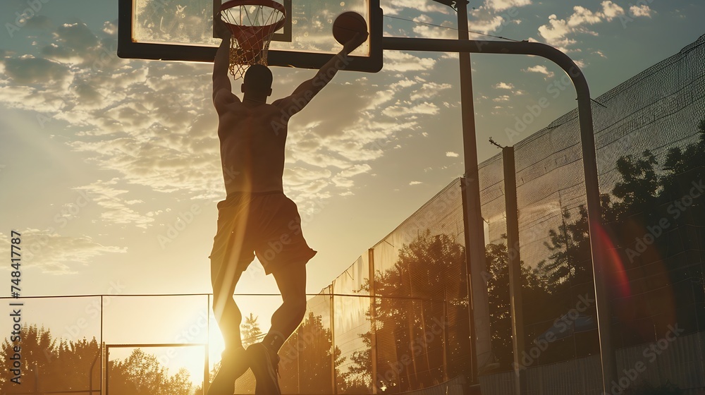 Street basketball player making a powerful slam dunk on the court ...