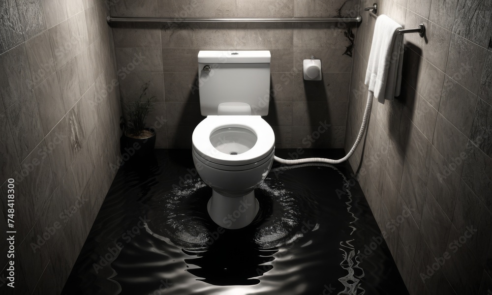 A bathroom overwhelmed by water, with a toilet semi-submerged creating ...