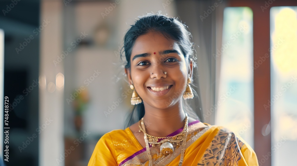 Cheerful beautiful indian girl student professional standing at home in ...