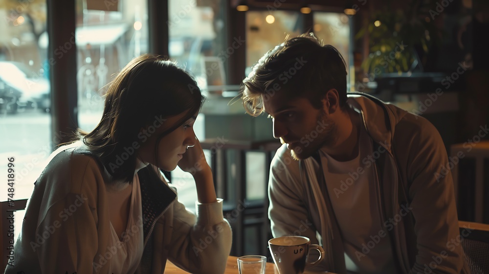 Male comforting to a sad depressed female who needs help in a coffee shop Break up or best ...