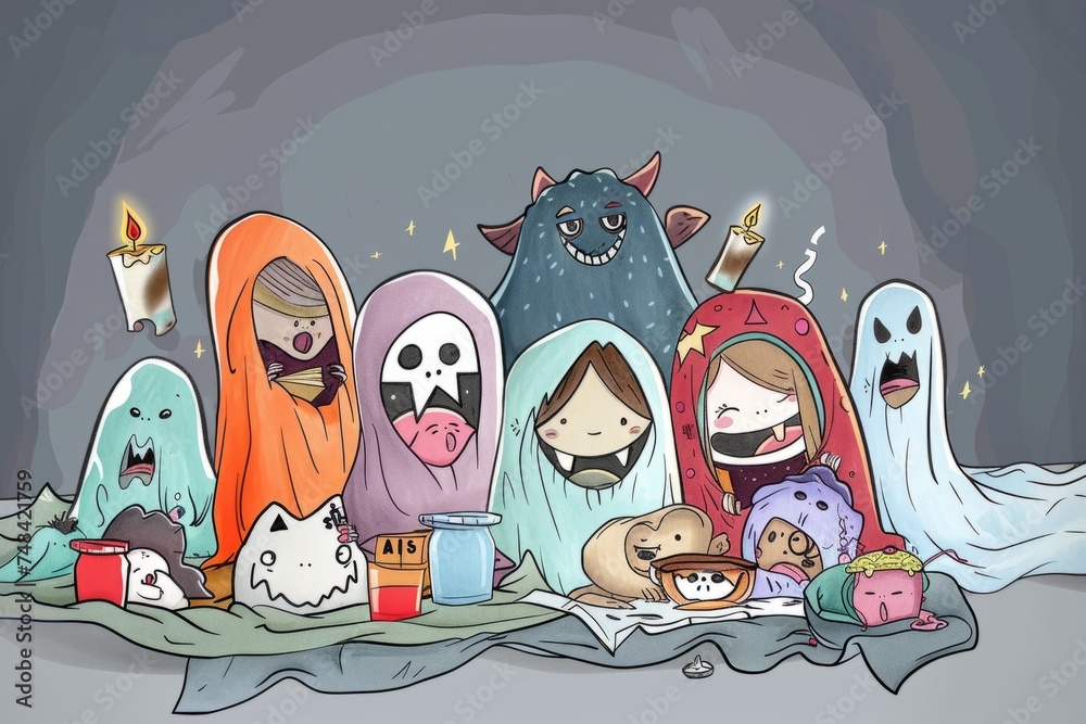 Cartoon cute doodles of a sleepover party with friends telling spooky ...