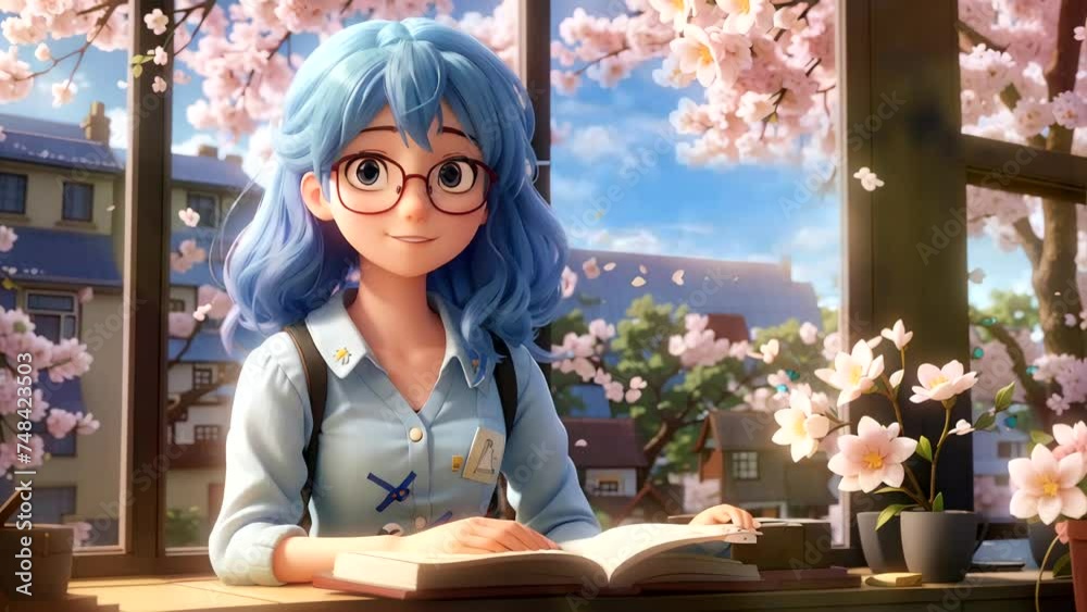 Springtime Serenade: Anime Girl Reading by Window. Seamless looping 4k ...