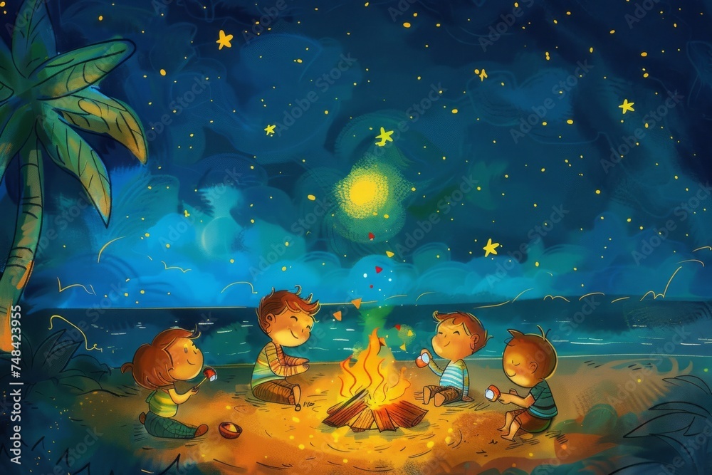 Cartoon cute doodles of friends having a nighttime bonfire on the beach ...