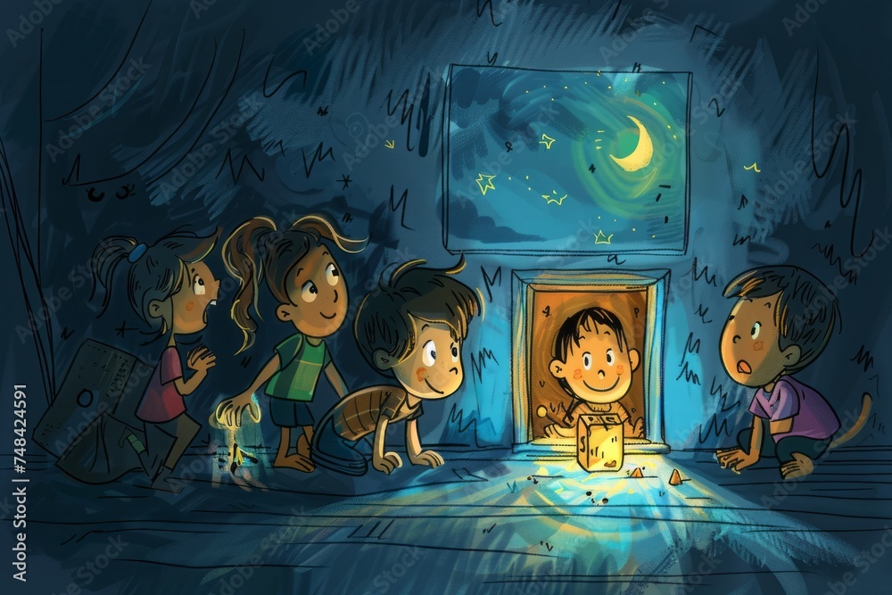 Cartoon cute doodles of friends having a nighttime game of hide and ...