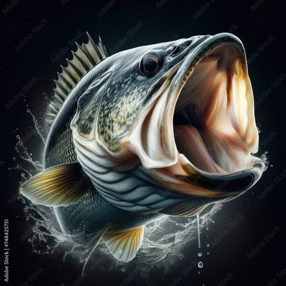 Bass fish isolated on black, Large mouth bass jumping out of the water ...