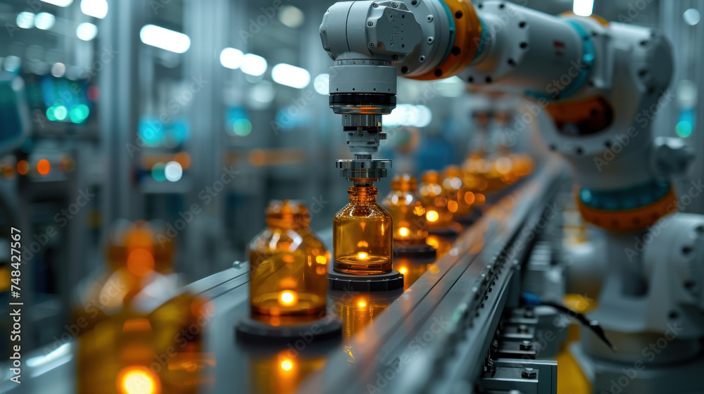 Industrial robot arm filling vials on a production line in a ...