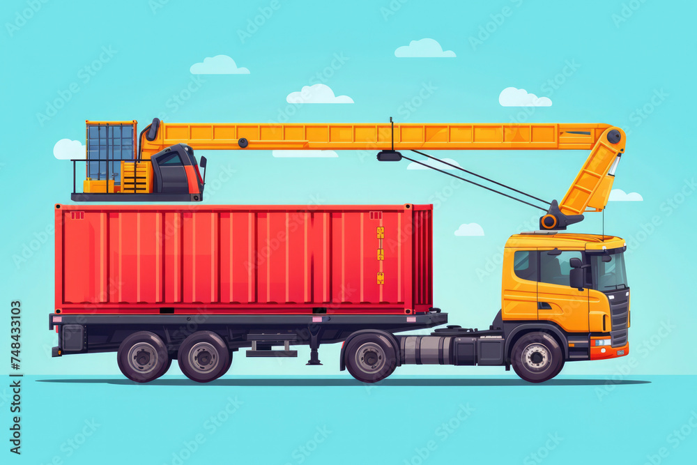 Crane truck loading container cargo box on trailer. Side view mobile ...