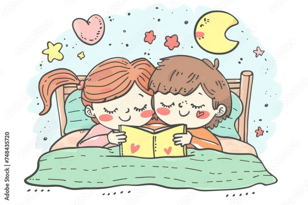 Cartoon cute doodles of brothers and sisters cuddled up in bed together ...
