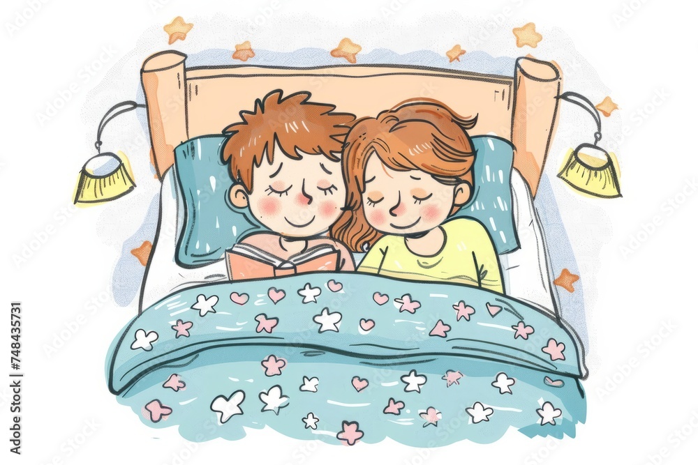 Cartoon cute doodles of brothers and sisters cuddled up in bed together ...