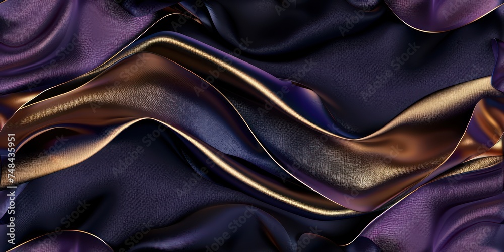 Abstract a black and purple satin and gold gradient satin fabric lies ...