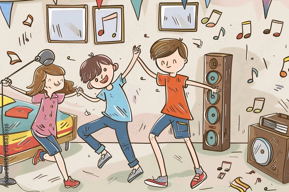 Cartoon cute doodles of brothers and sisters having a dance party in ...