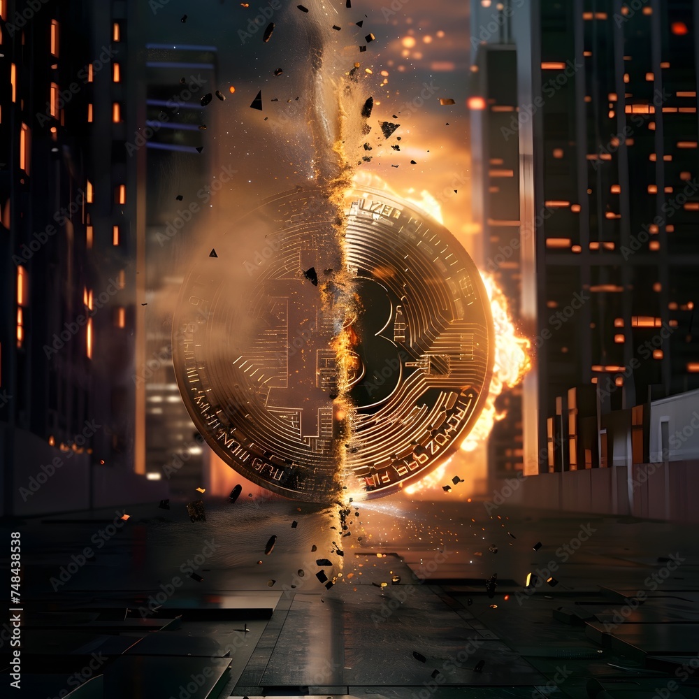 bitcoin halving concept, coin split in half, half of coin burning ...