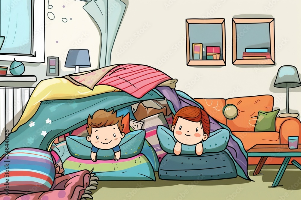 Cartoon cute doodles of siblings building a blanket fort together in ...
