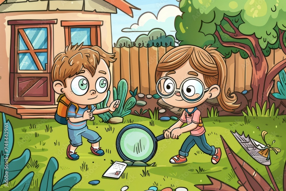 Cartoon cute doodles of siblings having a scavenger hunt in the backyard, searching for hidden ...