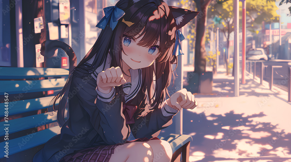 anime cat ear girl doing cat pose Stock Illustration | Adobe Stock