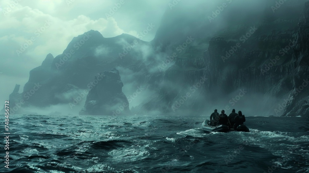 A group of explorers navigate through choppy waters on a small boat ...