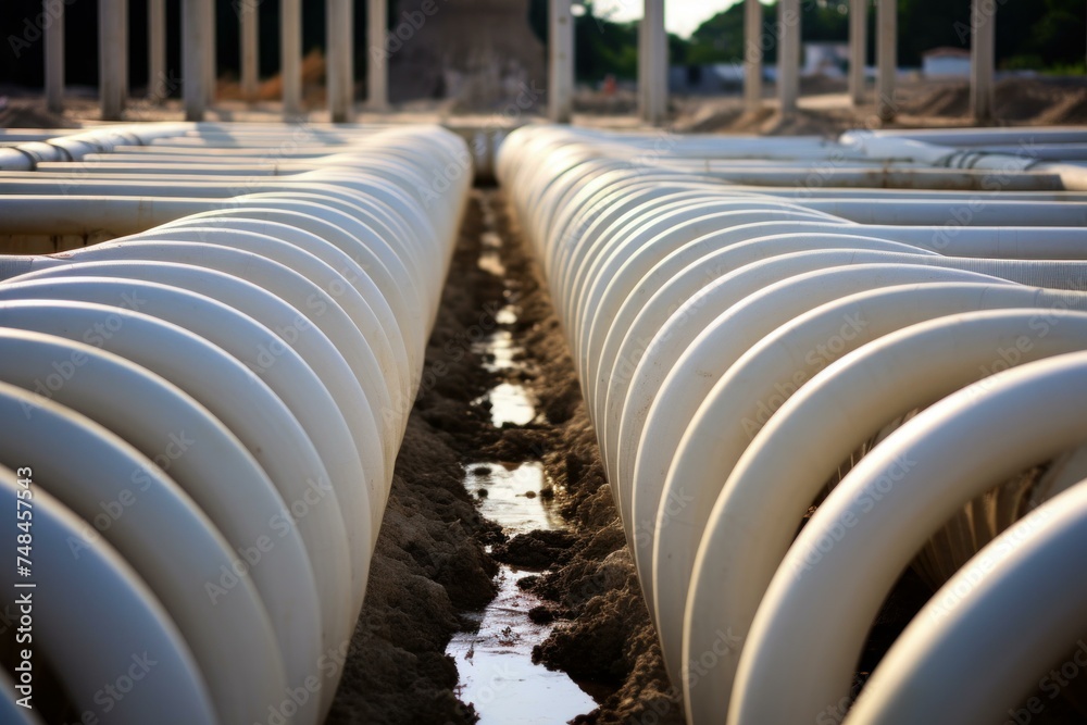 Intricate Pipes installing concrete tunnel. Sewer tubes drain canal ...
