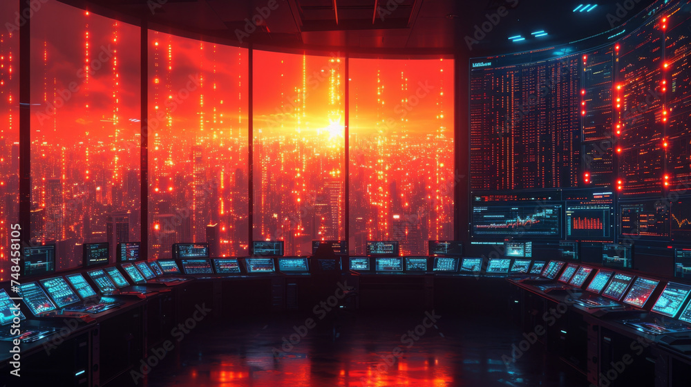 A hightech control room buzzing with activity as financial experts ...