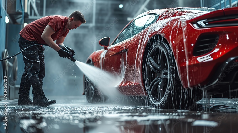 Car Wash Specialist Using Pressure Washer to Rinse a Red Modern ...