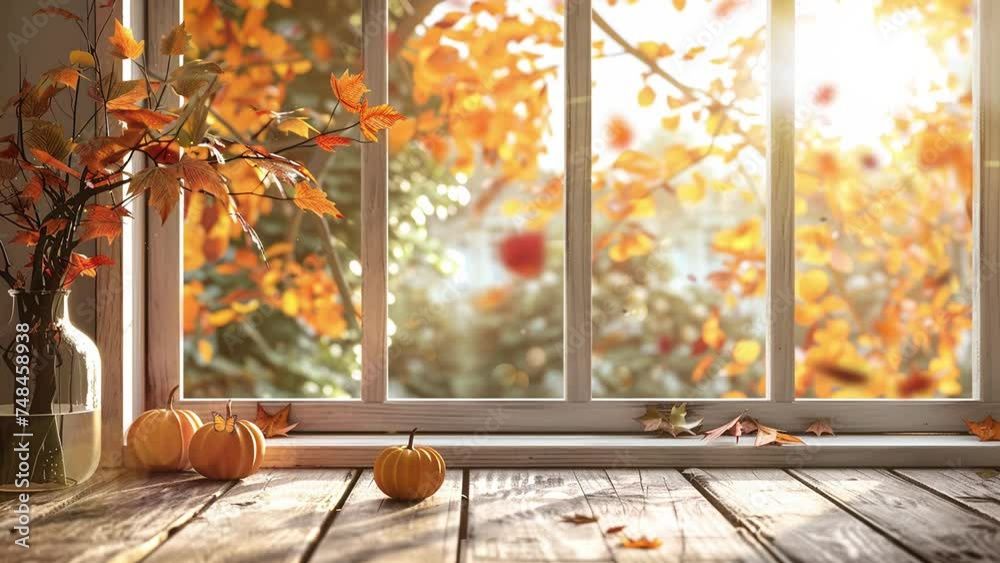 wooden table for product display with autumn garden view from window ...