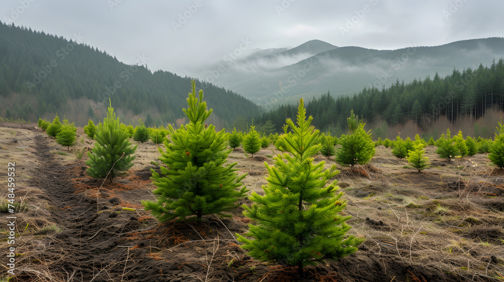 Planting new trees. planting new trees in an open area of a mountain ...