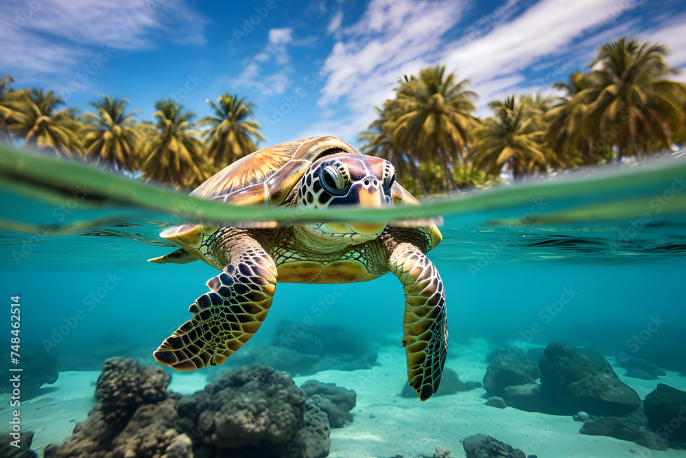 Big turtle swimming in the sea world with tropical beach on background ...