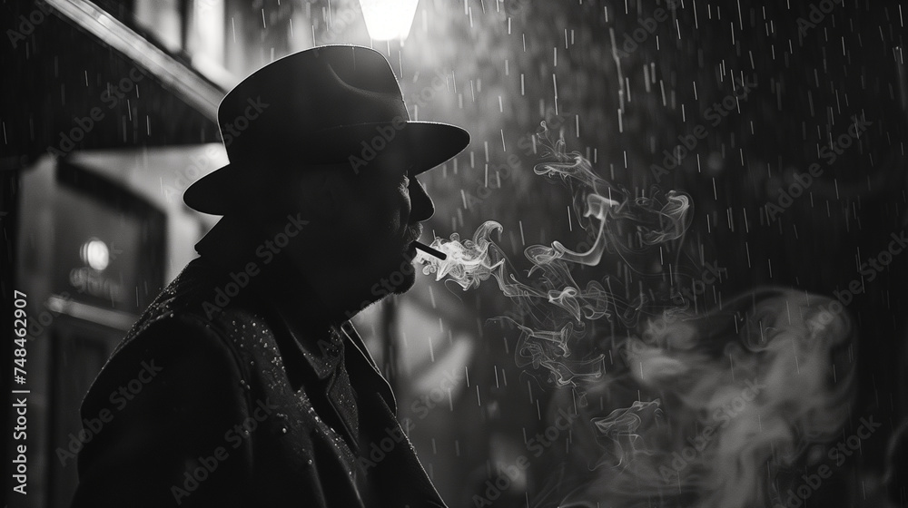 In the dimly lit alley of a rainy city, a detective stands under the ...