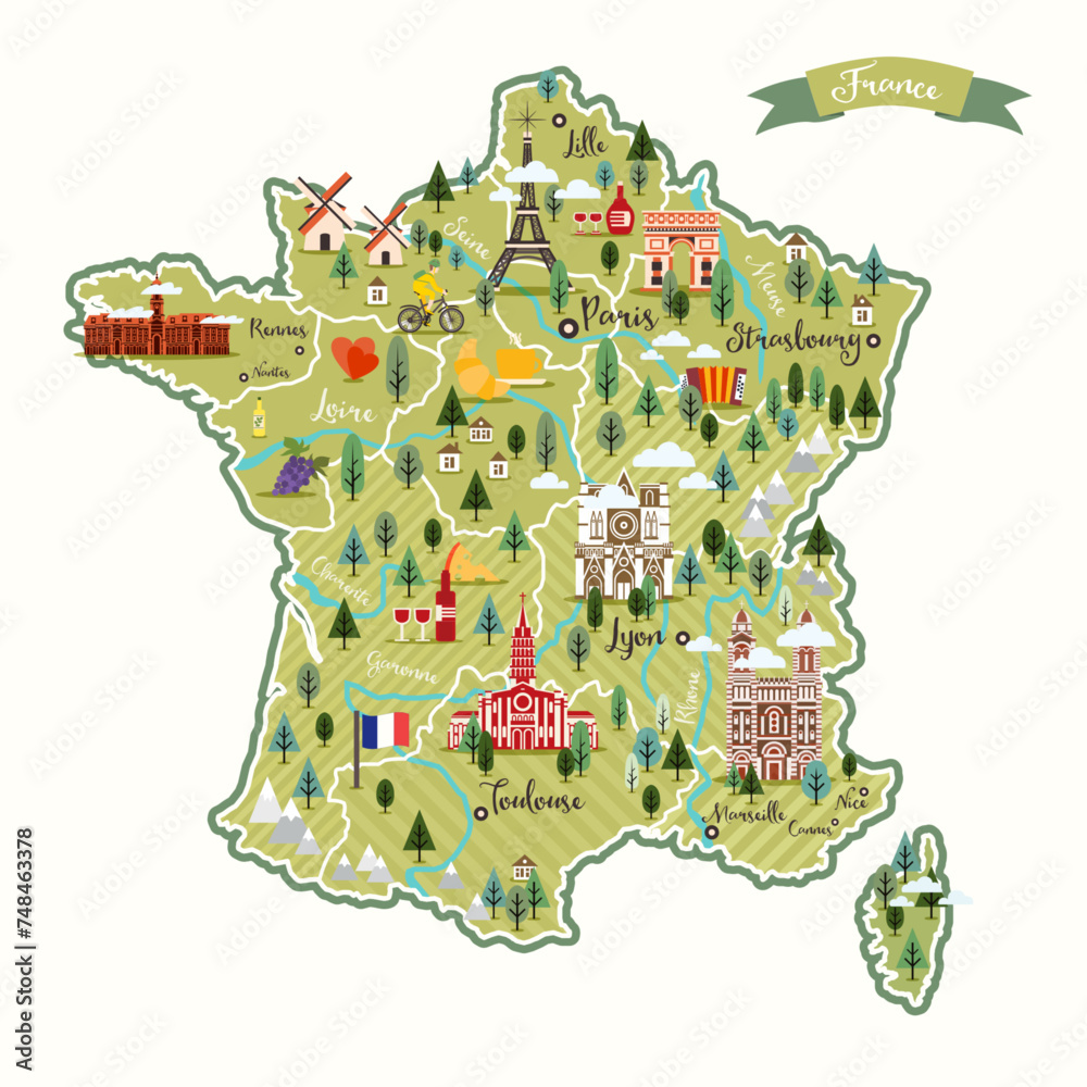 Stylized map of France. French symbols, cheese, croissant, wine ...