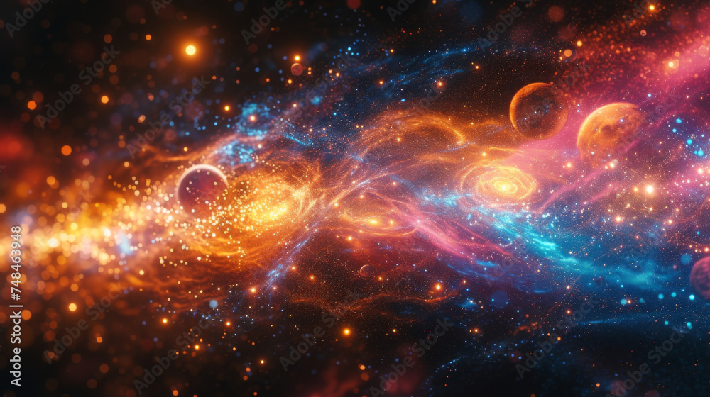 An abstract depiction of a galaxy with planets and stars represents the ...