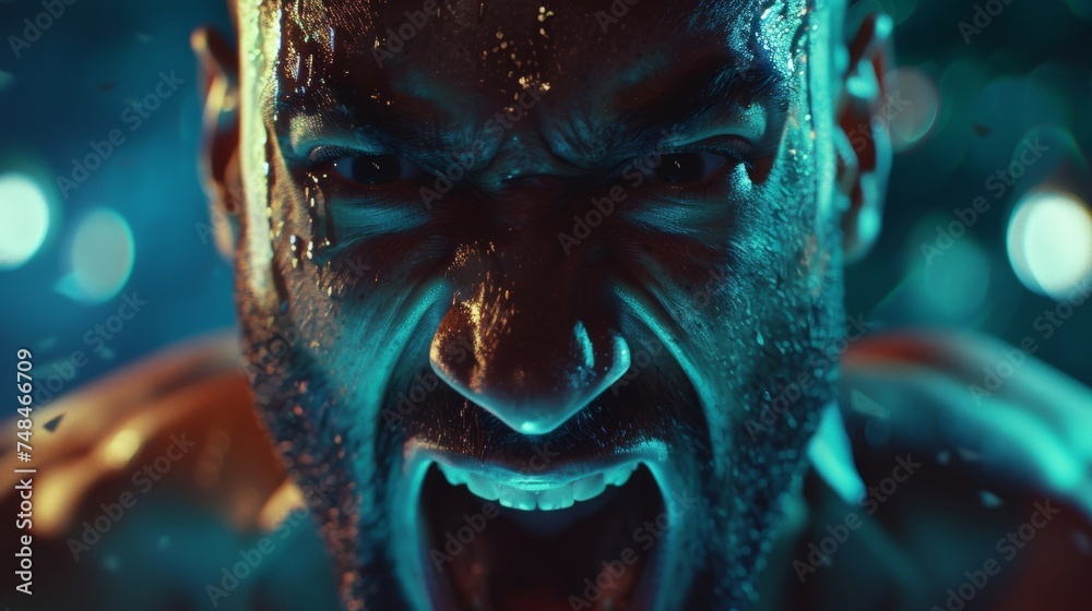 An intense closeup of a players face as they let out a victorious roar ...