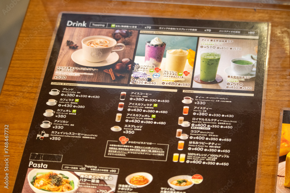 Tokyo, Japan, November 4 2023: Menu board with various drinks and ...