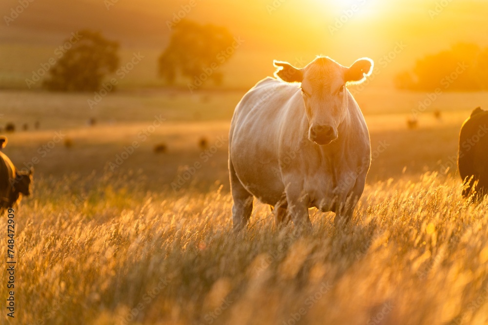 stud cattle, herd of fat cows and calves in a field on a regenerative ...