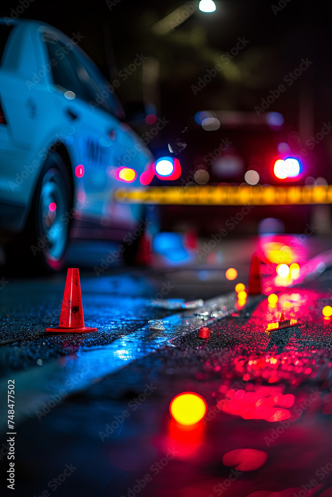 A police car at a crime scene marked with evidence indicators Stock ...