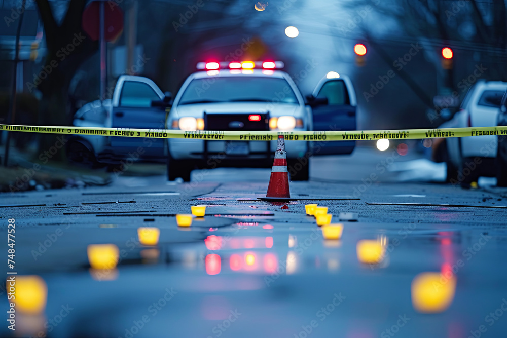 A police car at a crime scene marked with evidence indicators Stock ...