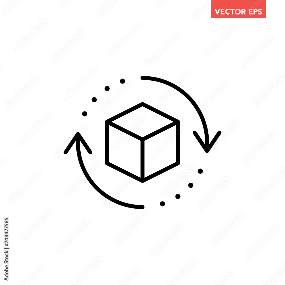 Black single rotating 3D cube model line icon, simple virtual reality ...