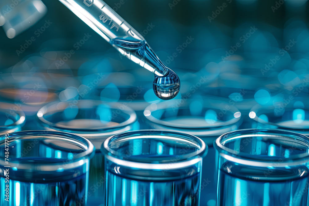 A lab pipette filled with a blue chemical solution, with a droplet ...