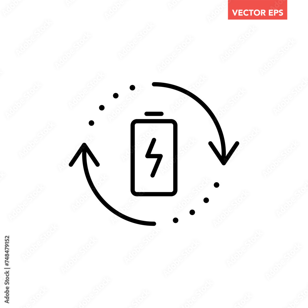Black single recharge battery line icon, simple sustainable power ...