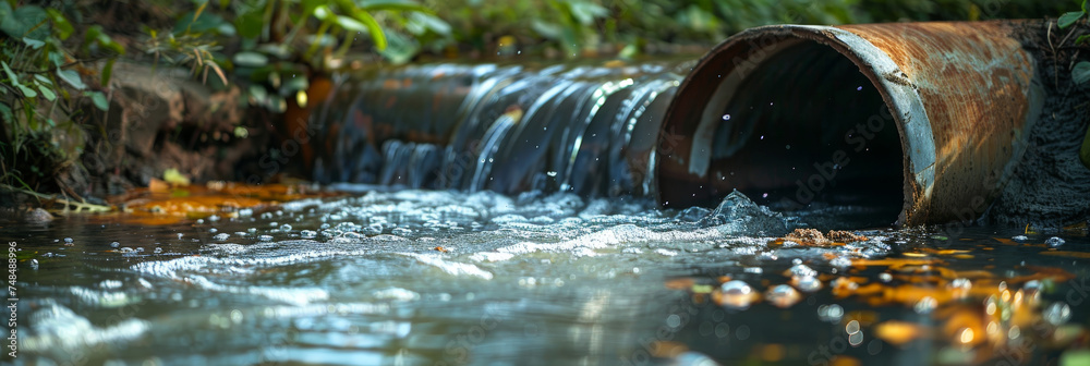 Title Pipe pouring water into river. Suitable for environmental ...