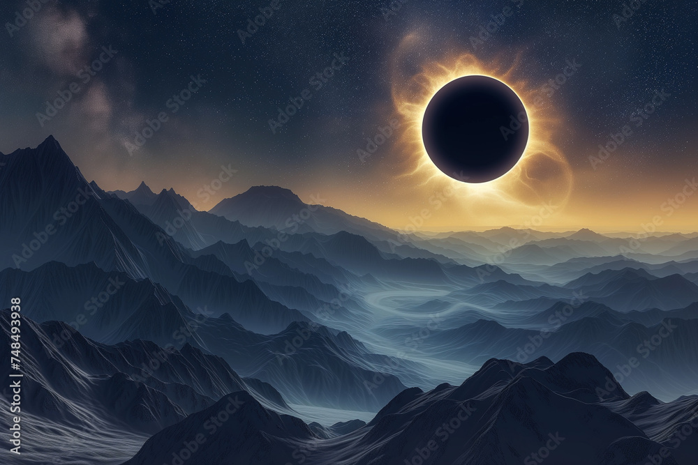 Artistic rendition of a solar eclipse over layered mountain ranges with ...