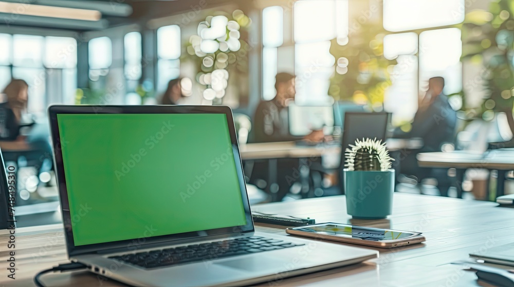 Laptop display with green screen background on office desk, people ...