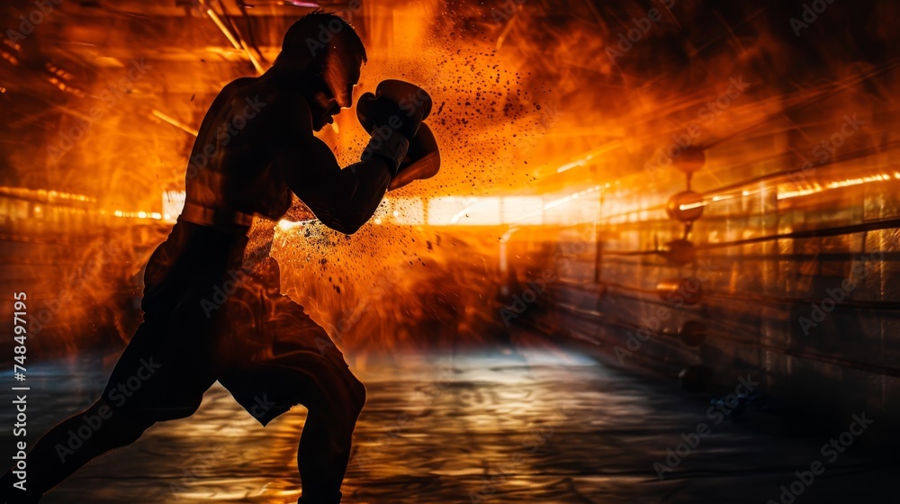 An intense workout session captured as a boxer lands a punch on a heavy ...