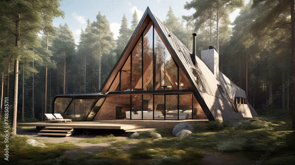 Contemporary A-Frame Cabin: Imagine a highly detailed image of a ...