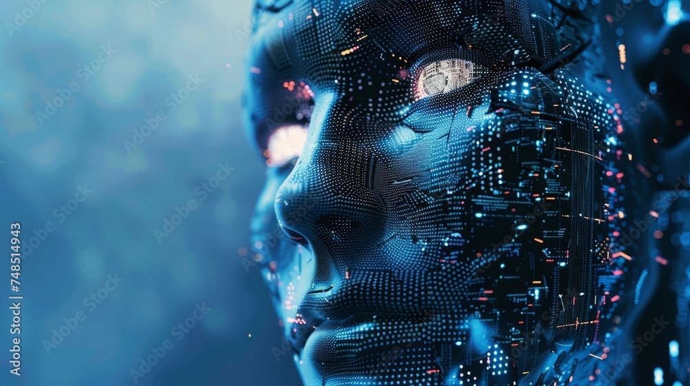 Concept image of an AI wearing a digitized human face. 3d rendering ...